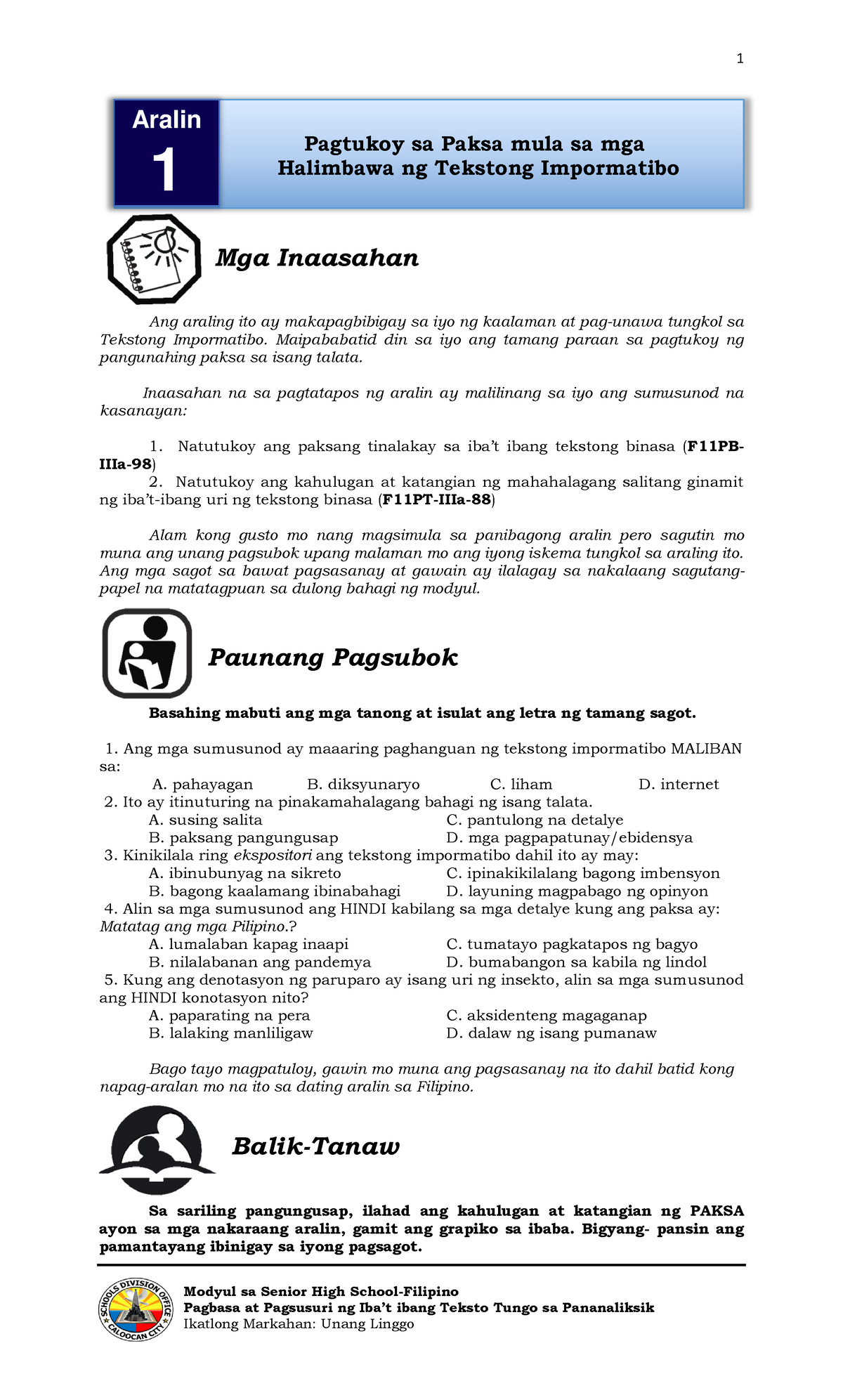 Pagbasa at Pagsusuri Q3: Linggo 1 ng Tekstong Impormatibo - Studocu
