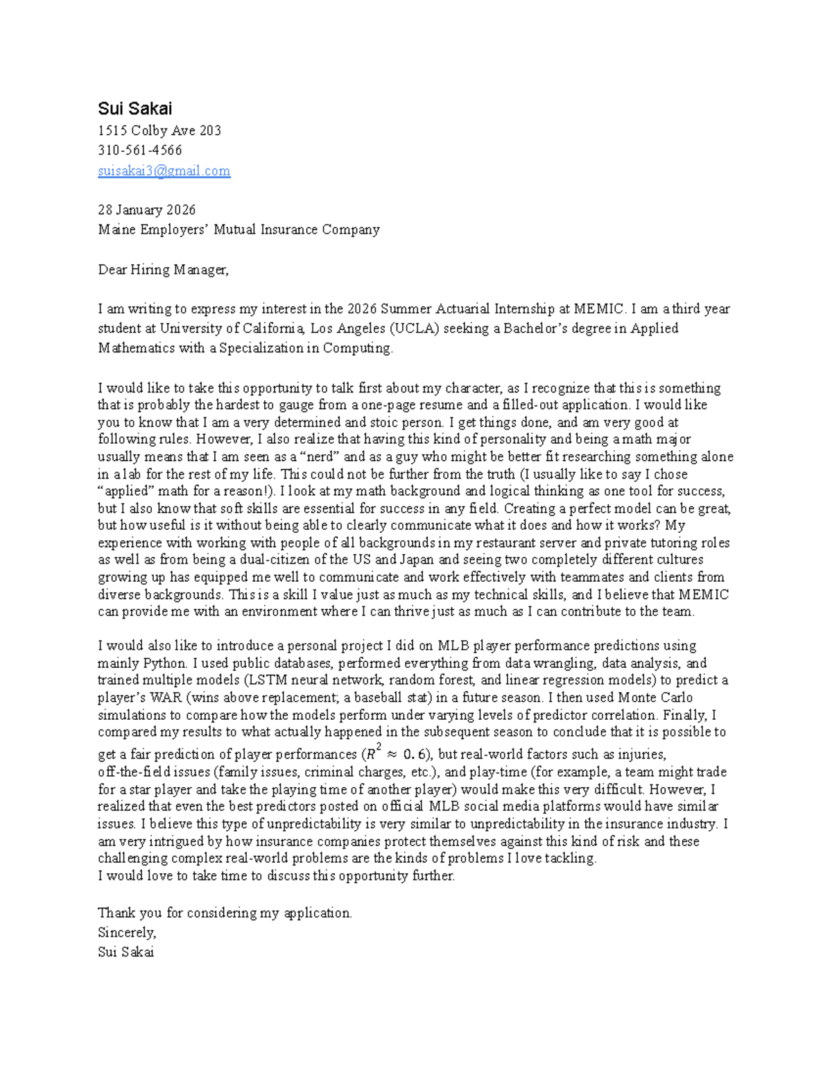 Cover Letter for 2026 Summer Actuarial Internship at MEMIC - Studocu