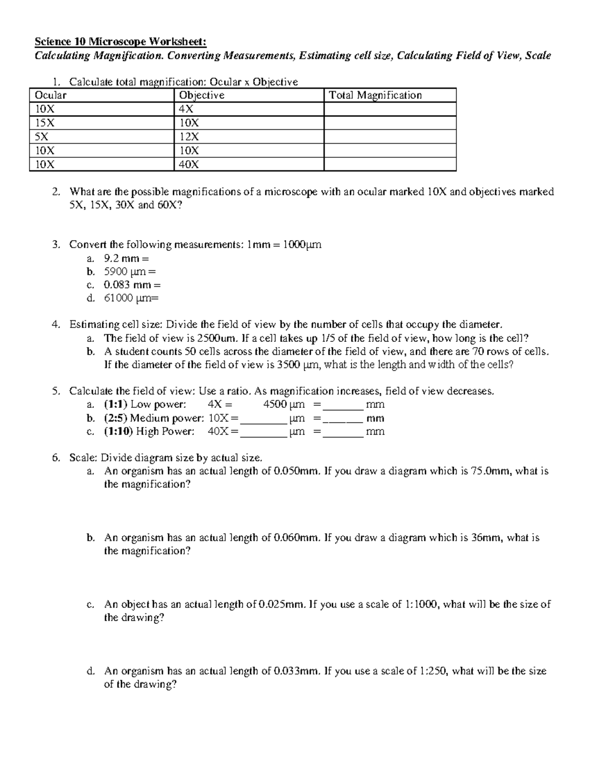 Science 10: Microscope Calculations Package & Extra Practice - Studocu