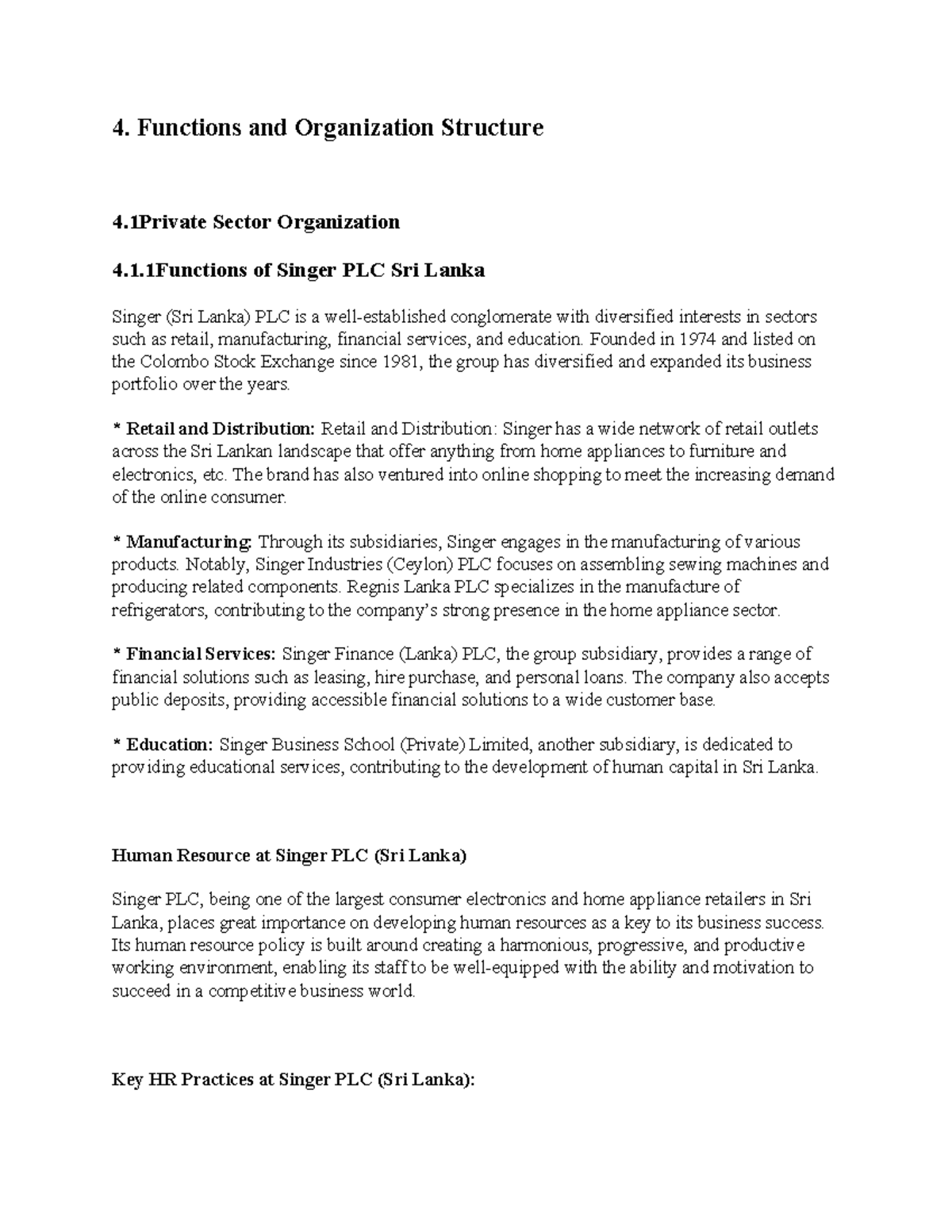 Functions and Organizational Structure of Singer PLC & BMC (Sri Lanka ...