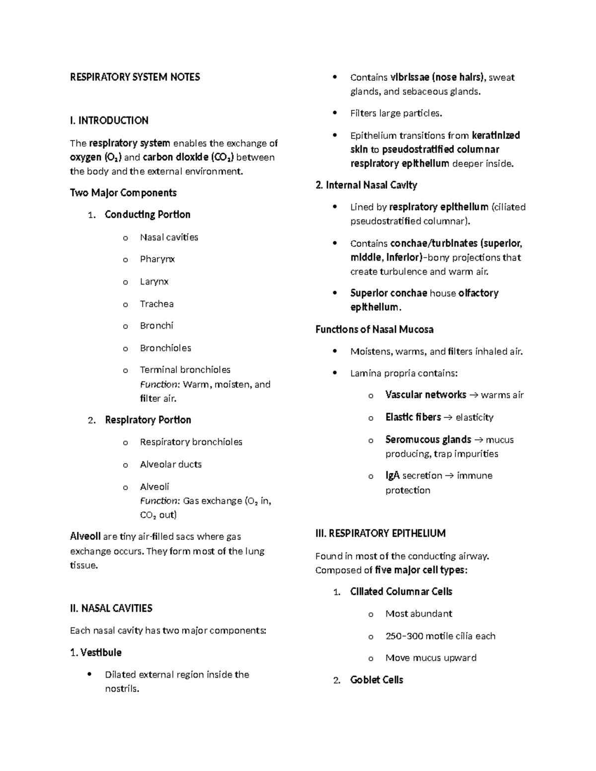 Respiratory System Notes (BIO 101) - Comprehensive Overview - Studocu