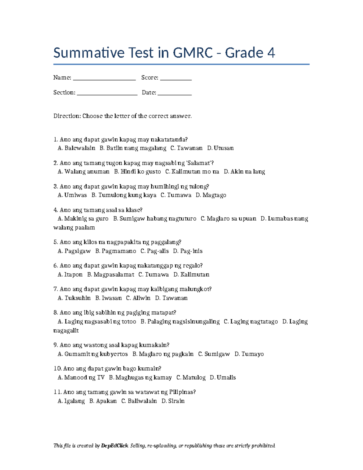 Summative Test in GMRC Grade 4 - Answer Key Included - Studocu