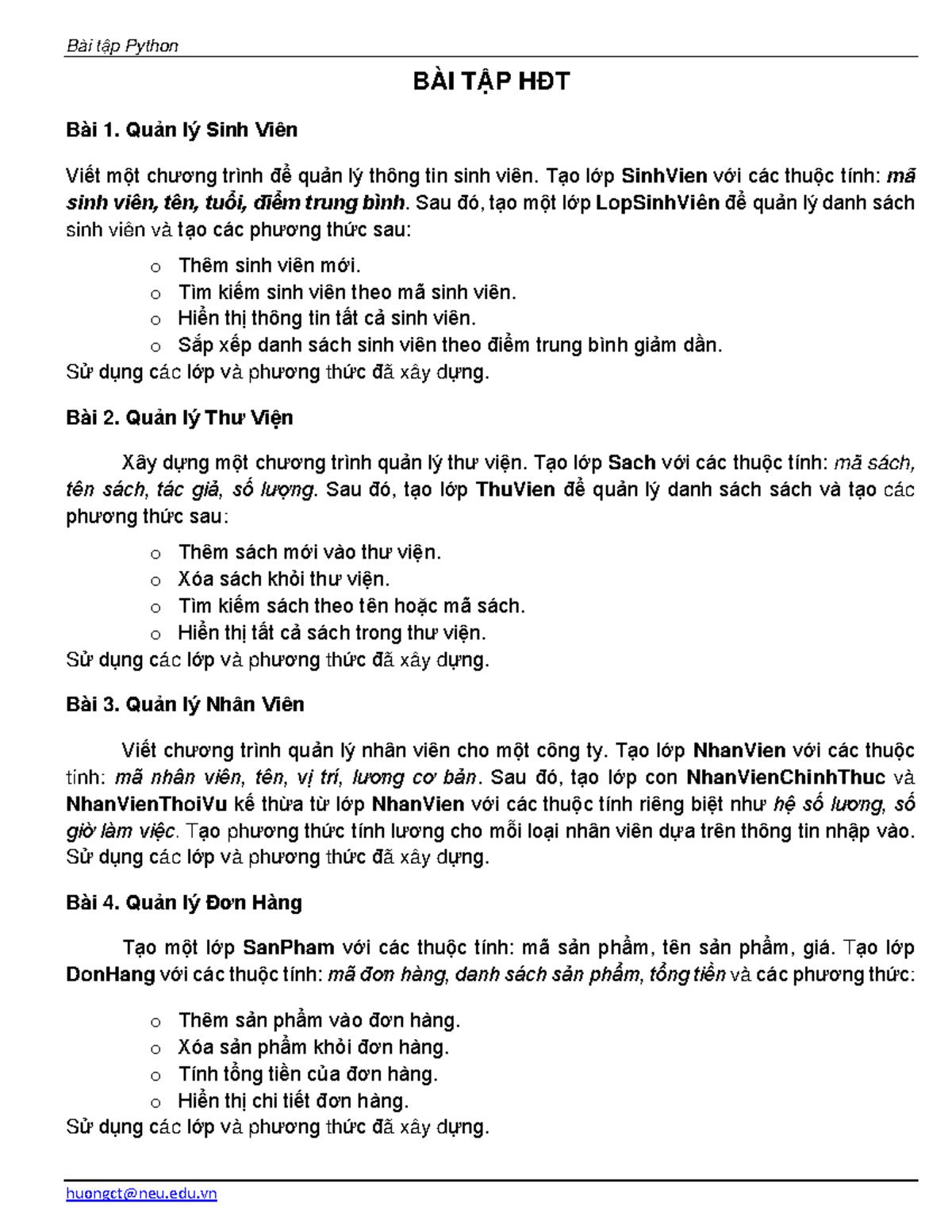7. BT Python OPP - good - Bài tập Python huongct@neu.edu BÀI TẬP HĐT Bài 1. Quản lý Sinh Viên ...