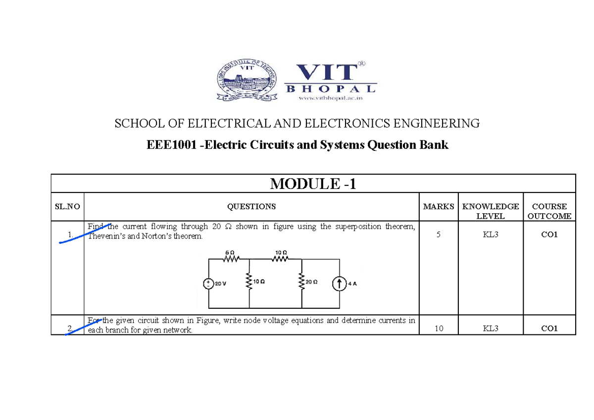 EEE 101 Circuits and Systems Question Bank - Module 1 & 2 - Studocu