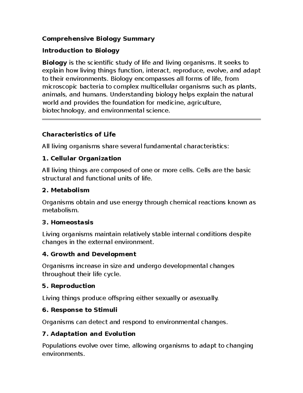 Comprehensive Biology Summary: Key Concepts and Principles - Studocu