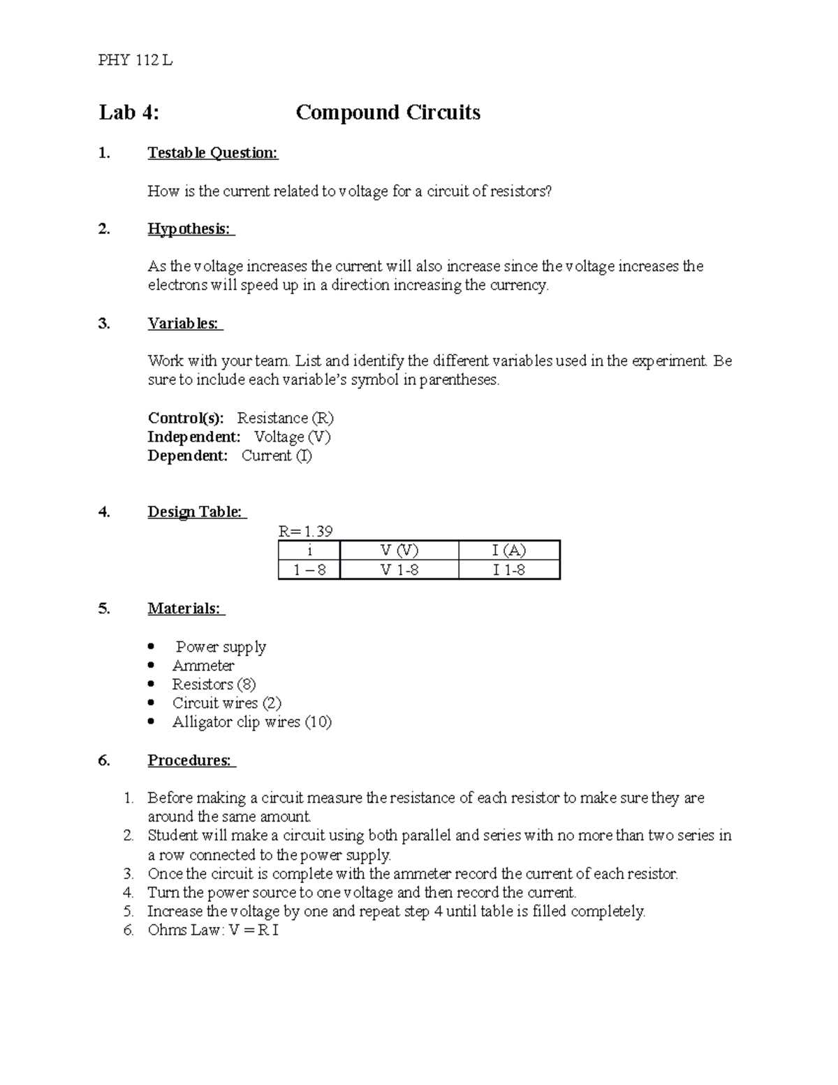 Phy112l - Lab 4 Report: Analyzing Current vs. Voltage in Circuits - Studocu