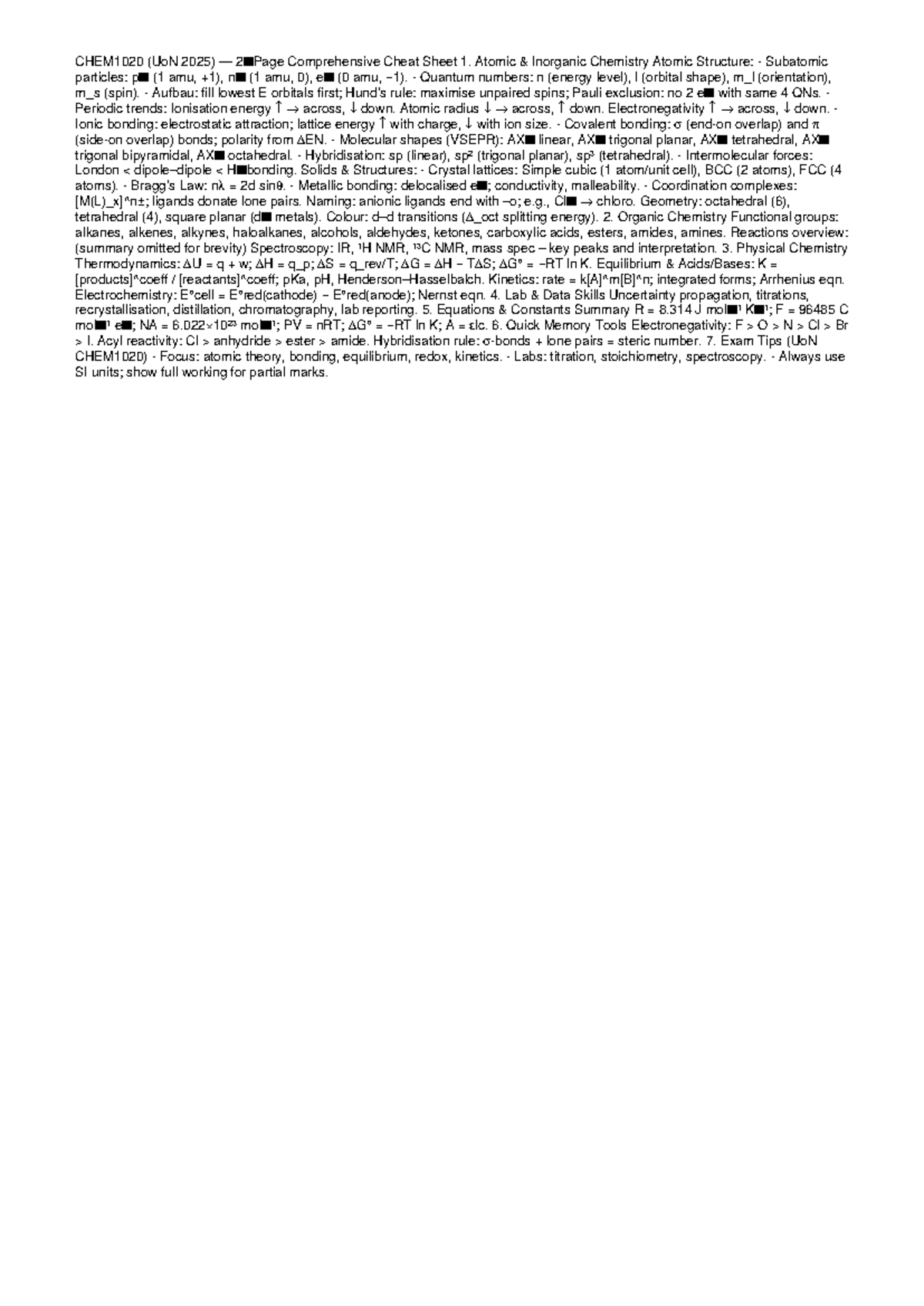 CHEM1020 (UoN 2025) Detailed Cheat Sheet: Atomic & Organic Chemistry - Studocu