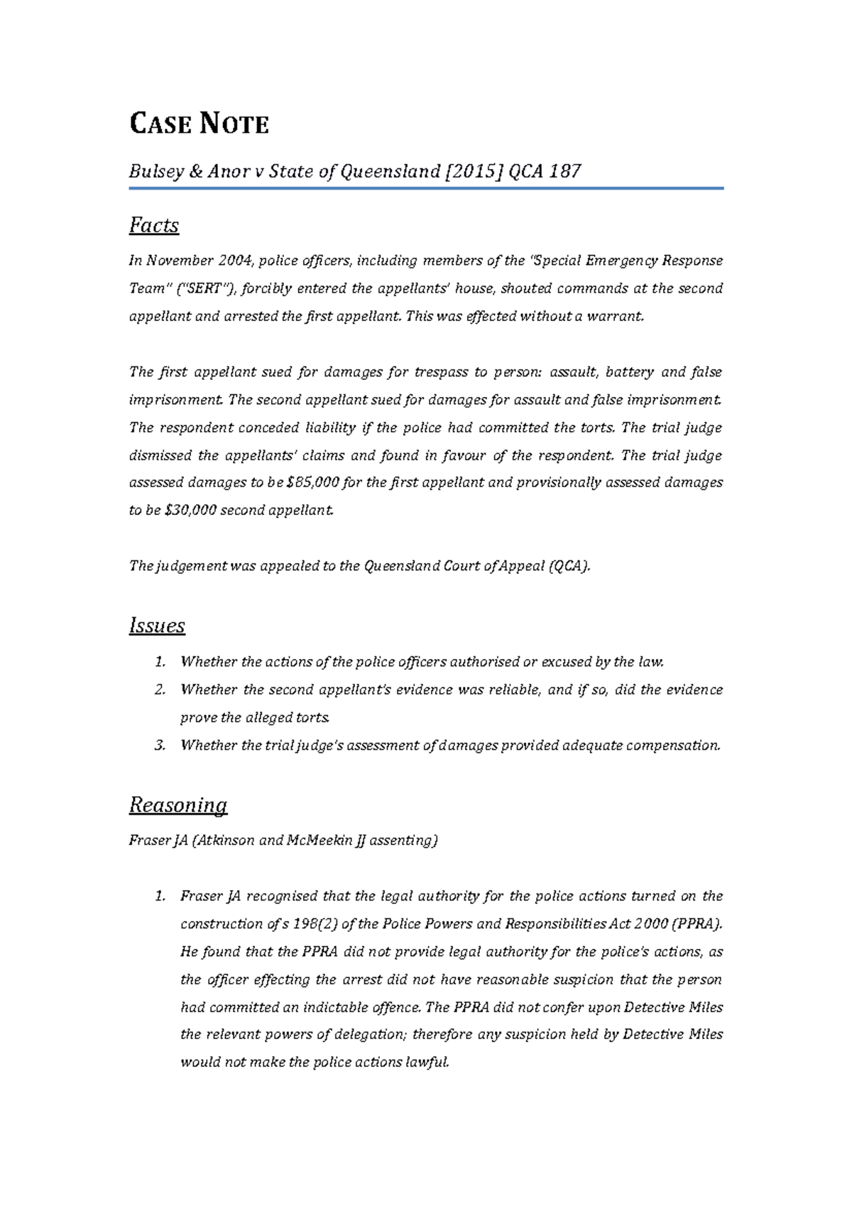 Case Note Bulsey v Queensland - CASE NOTE Bulsey & Anor v State of ...
