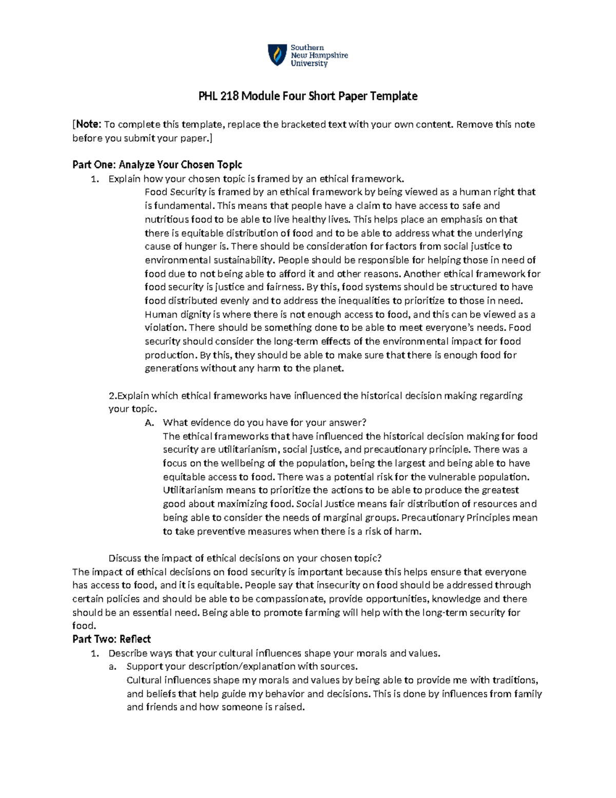 PHL 218 Module Four Short Paper: Ethical Frameworks in Food Security ...