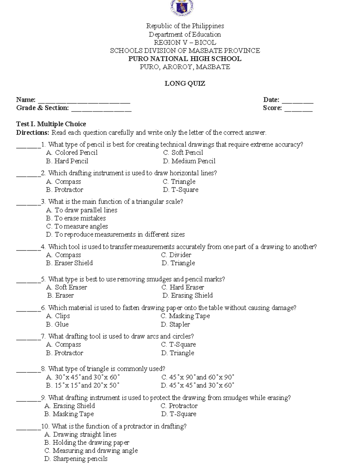 LONG QUIZ Question - Sample of long quiz in TLE 8 - Republic of the ...