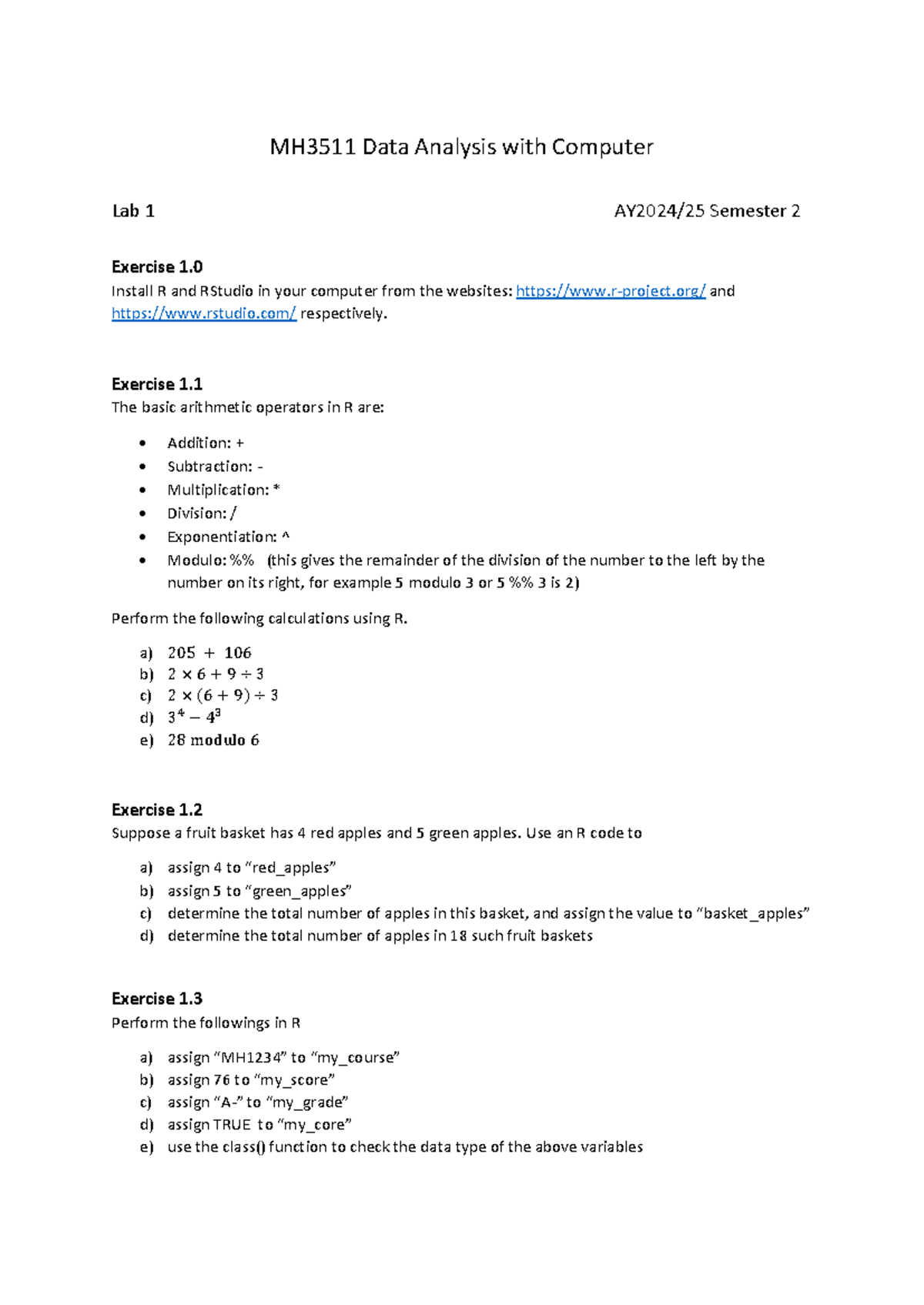 MH3511 Lab01 - Lab1 - MH3511 Data Analysis with Computer Lab 1 AY2024/25 Semester 2 Exercise 1 ...