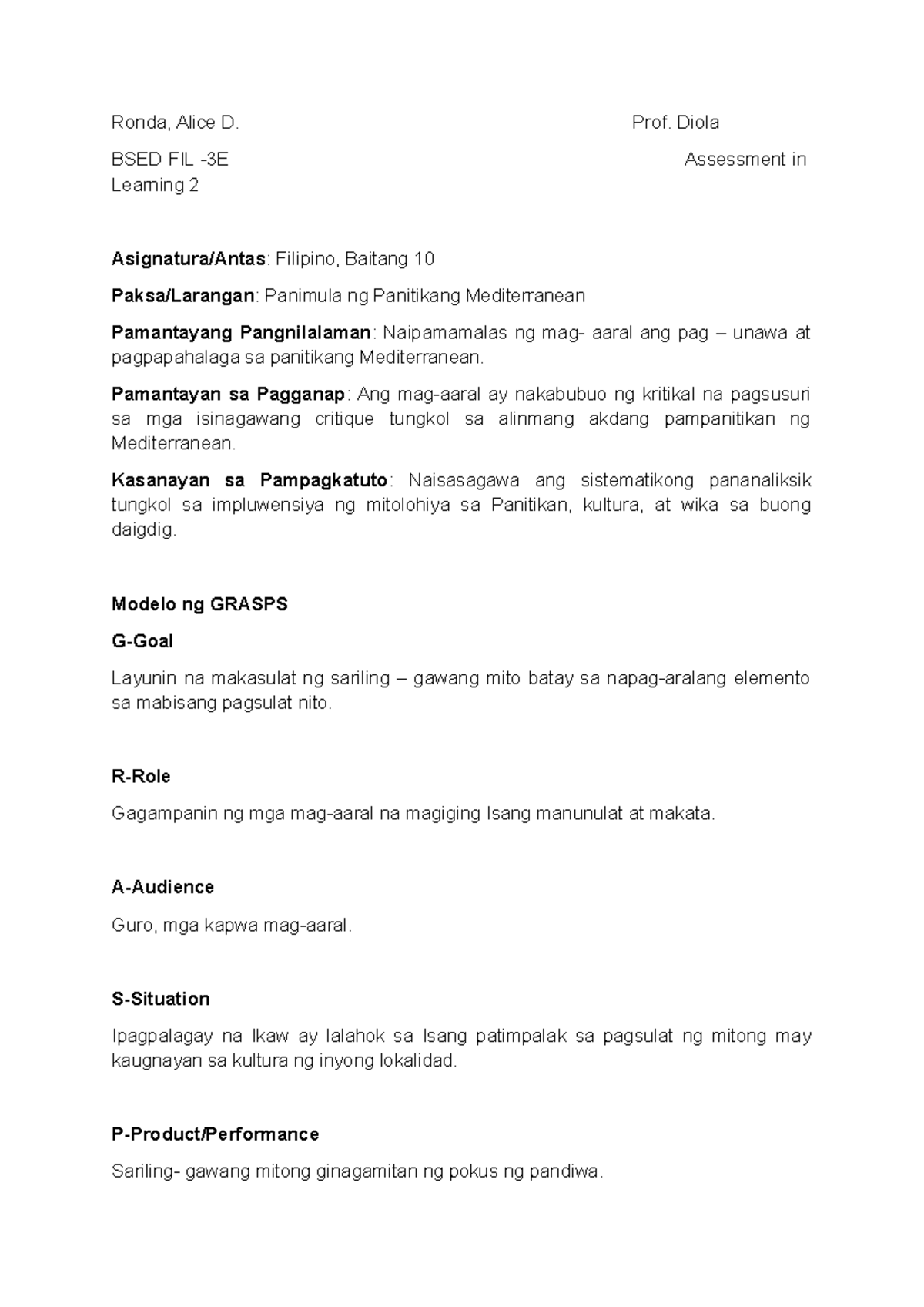 BSED FIL Learning 2: GRASPS Model for Mediterranean Literature Assessment - Studocu