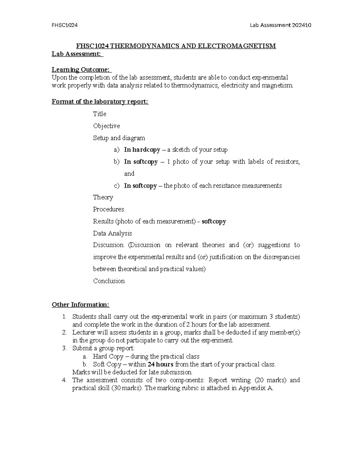 FHSC1024 Lab Assessment Guide: Thermodynamics & Electromagnetism 202410 ...