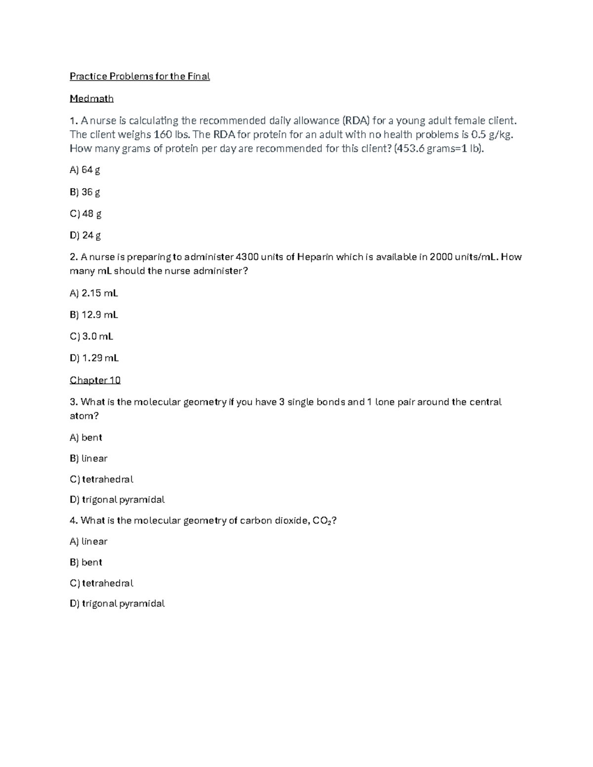 Final Practice Problems & Answer Key for Medmath 1 Exam - Studocu
