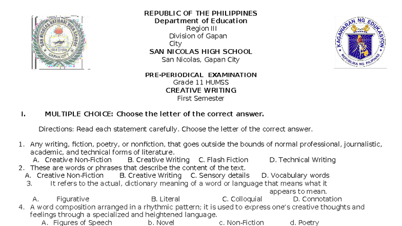 G11 Creative Writing Exam: First Semester Review - Studocu