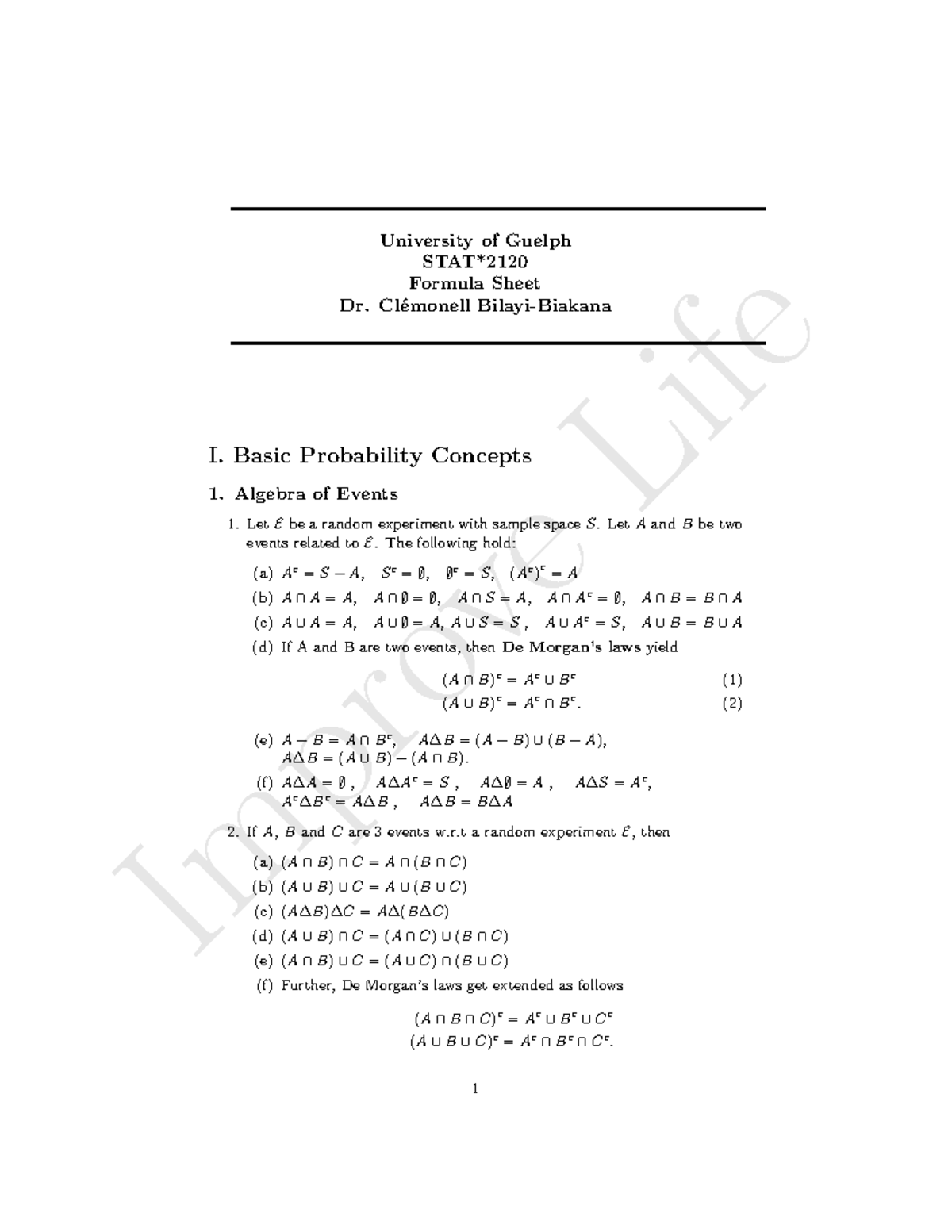 Formula Sheet: Basic Probability Concepts (Course Code: LI) - Studocu