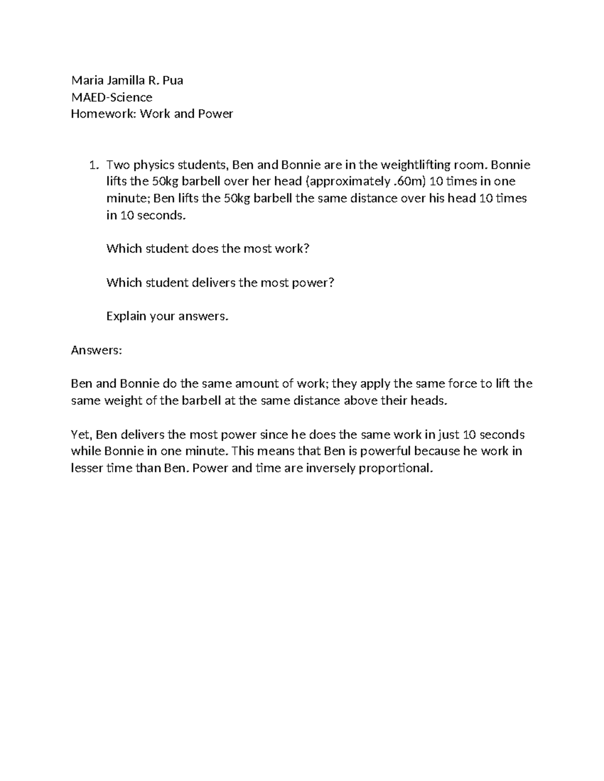 Physics power - notes - Maria Jamilla R. Pua MAED-Science Homework ...