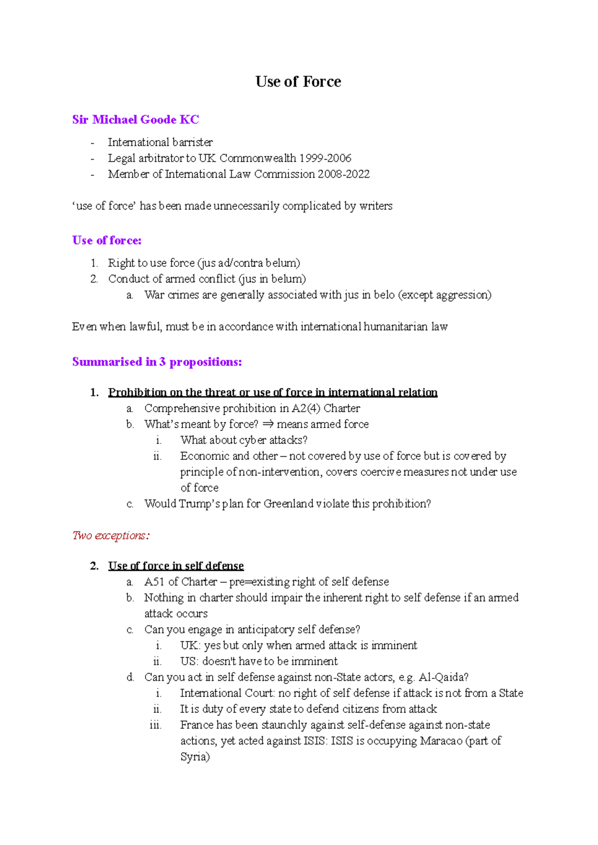 Final Exam Notes on Use of Force - Michael Goode KC (INTL LAW 101 ...