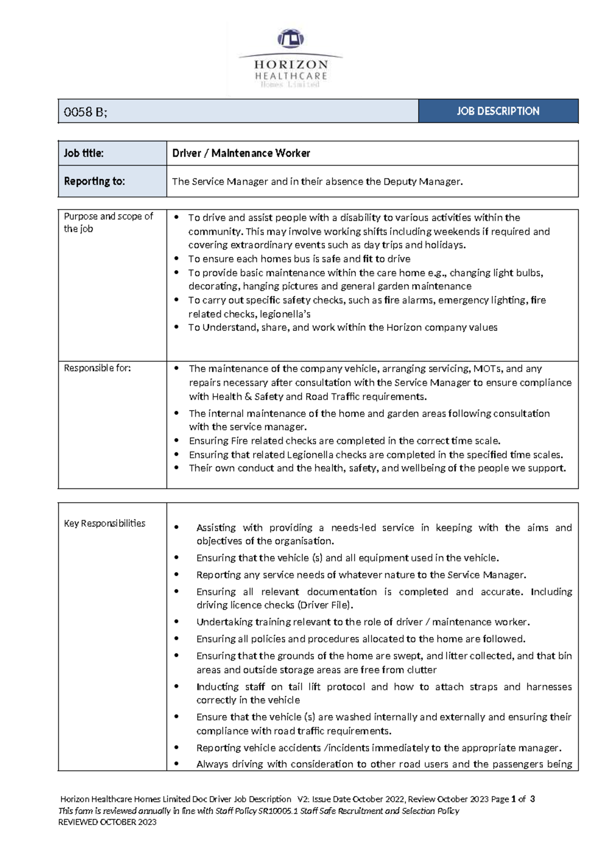 0058 Driver Maintenance Worker Job Description - Oct 2023 - Studocu
