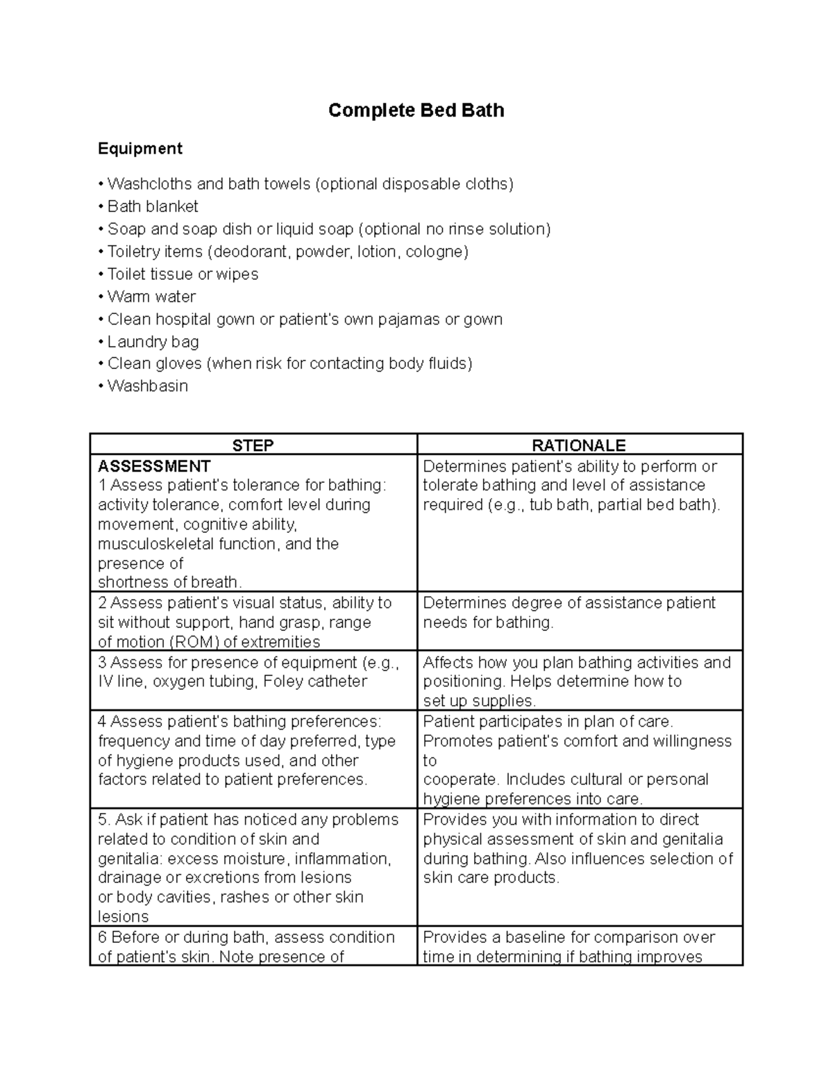 Complete Bed Bath Procedure and Rationale - Nursing Notes (NUR123 ...