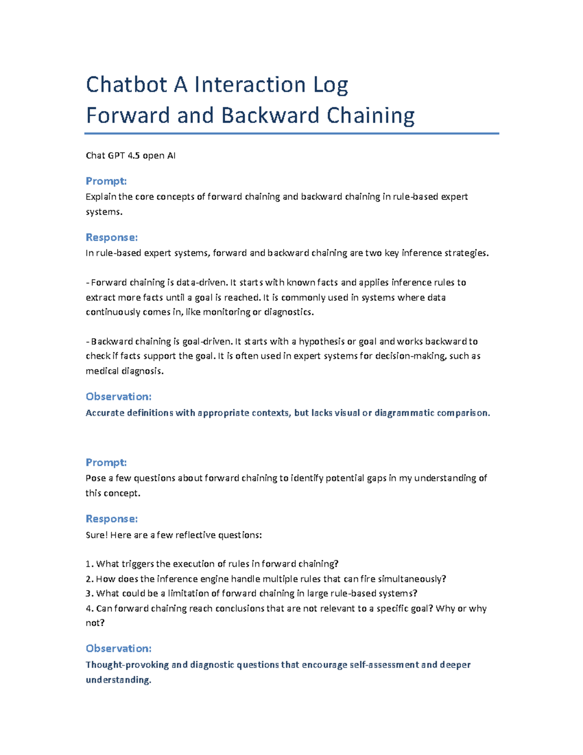 Chatbot A Interaction Log: Forward & Backward Chaining Concepts - Studocu