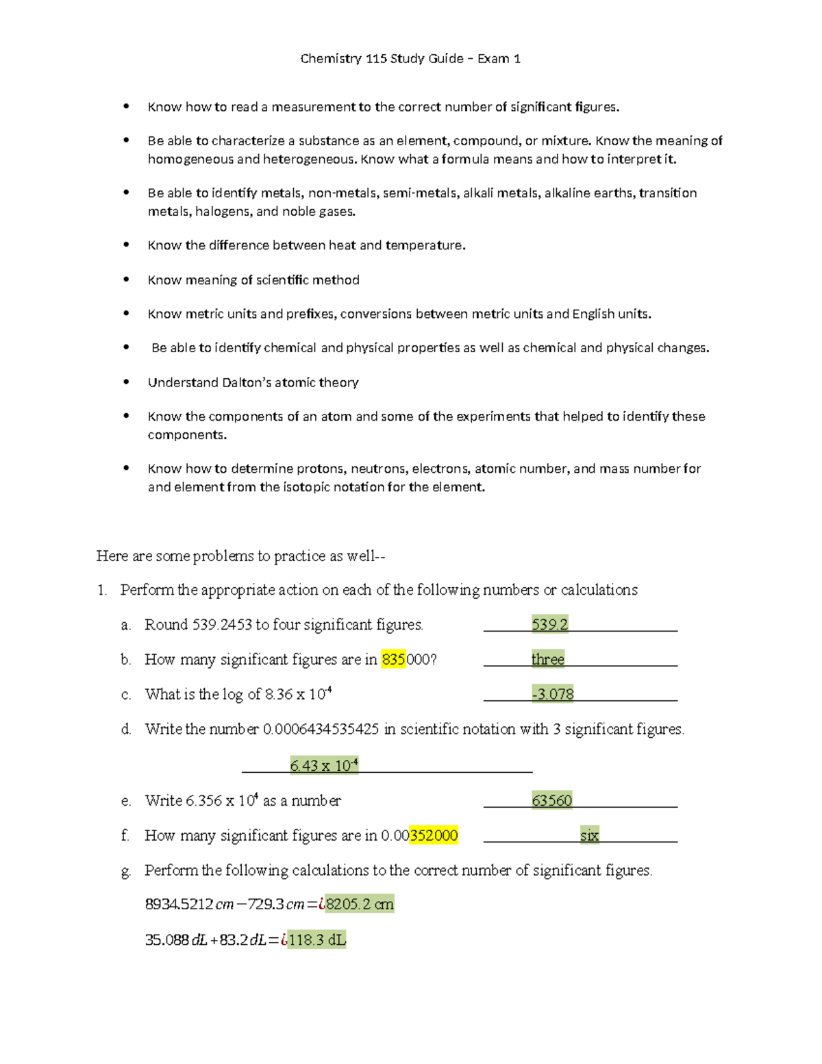 Chemistry 115 Exam 1 Study Guide: Key Concepts & Practice Problems ...