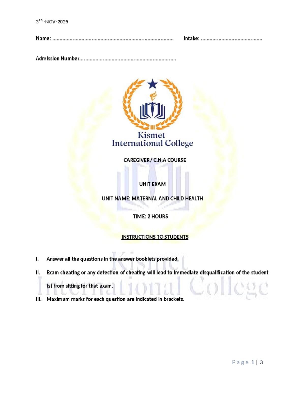 C.N.A MCH UNIT EXAM - MAY Revision Work - Studocu
