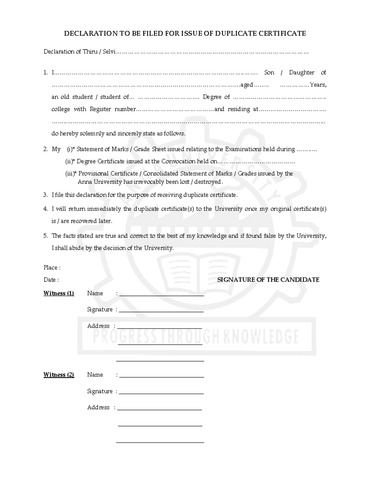 Duplicate Certificate Declaration for Anna University - Studocu