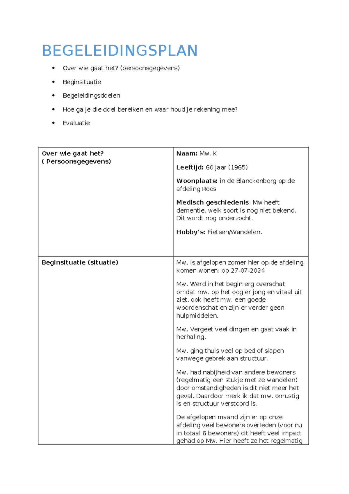 Begeleidingsplan voor Mw. K: Structuur en activiteiten binnen ...