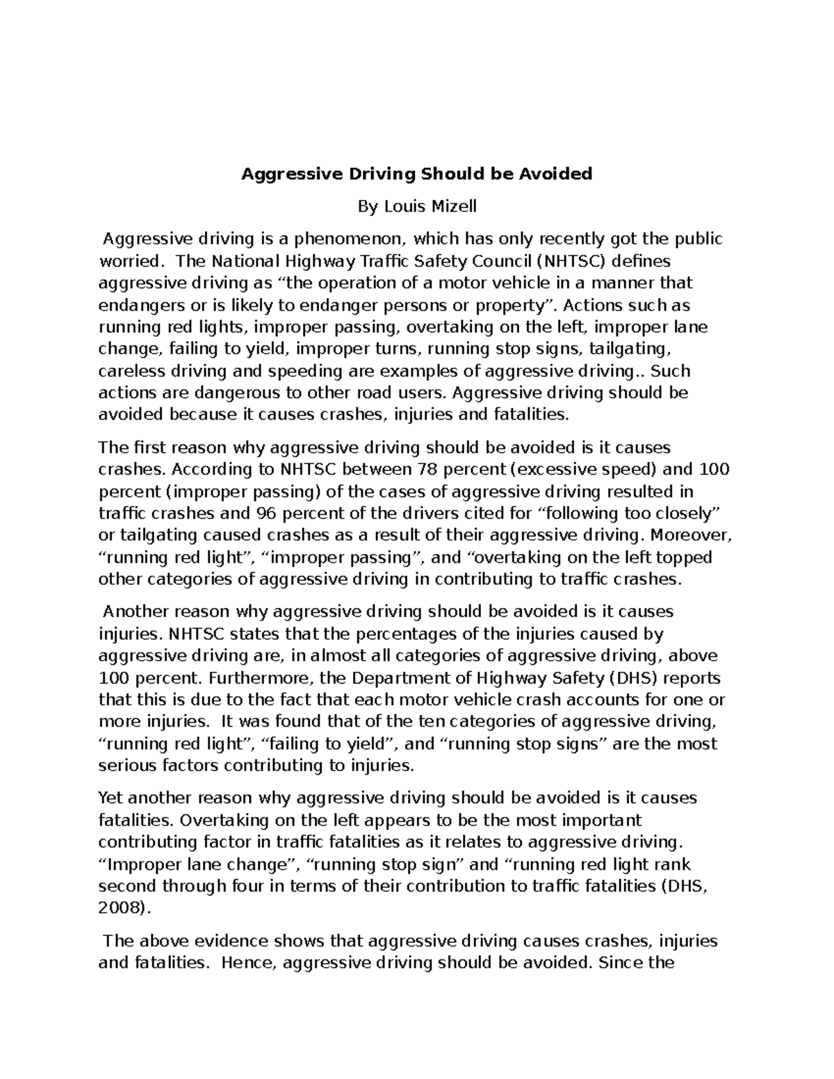 ENG 101: Argumentative Essay on Avoiding Aggressive Driving - Studocu