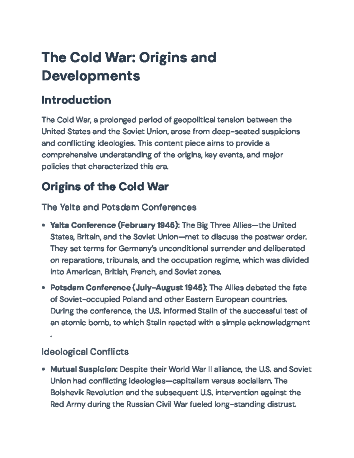 The Cold War: Origins and Key Developments Overview (HIST 201) - The ...