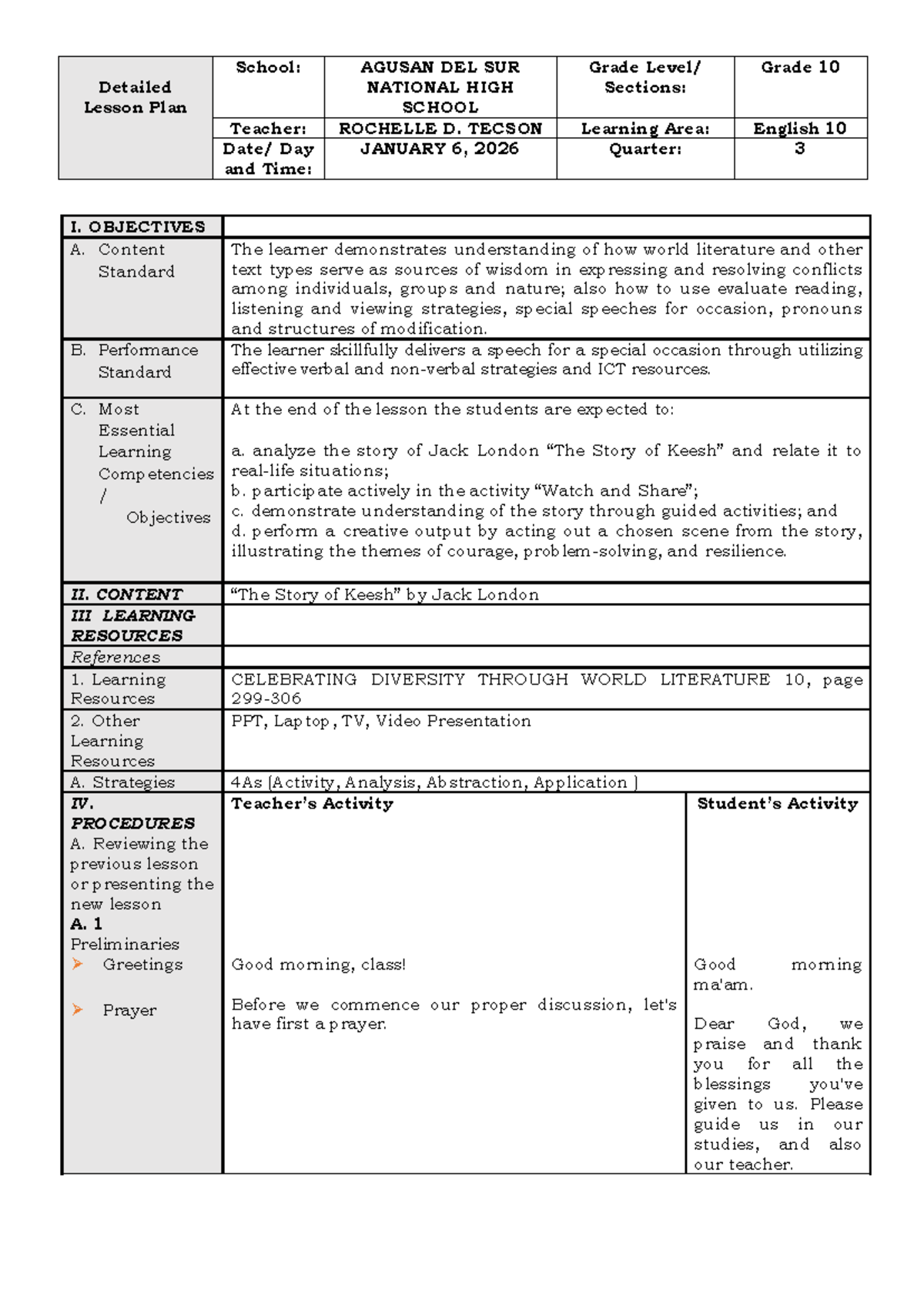 Detailed Lesson Plan: The Story of Keesh (Eng 10) - Studocu