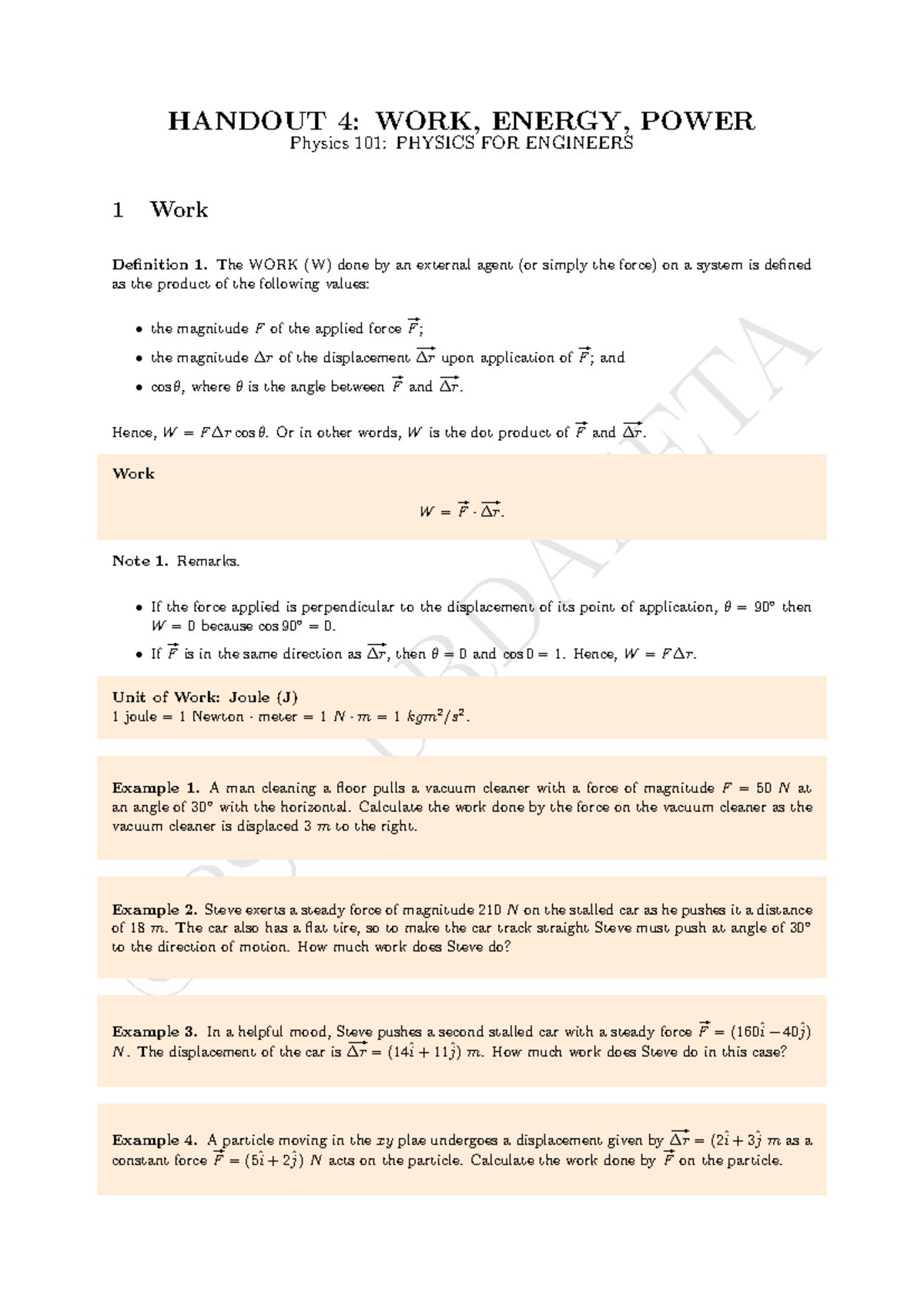 Handout Physics 101 Work Energy Power - @PSU URDANETA HANDOUT 4: WORK ...