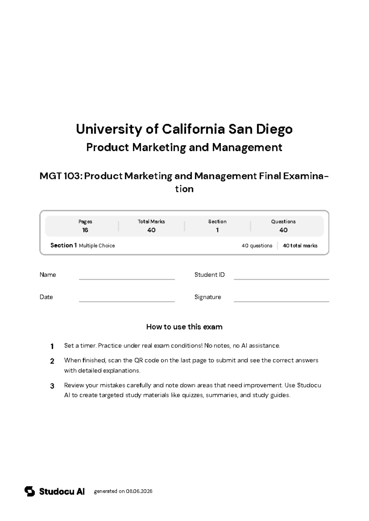 MGT 103: Product Marketing and Management Final Exam - Studocu
