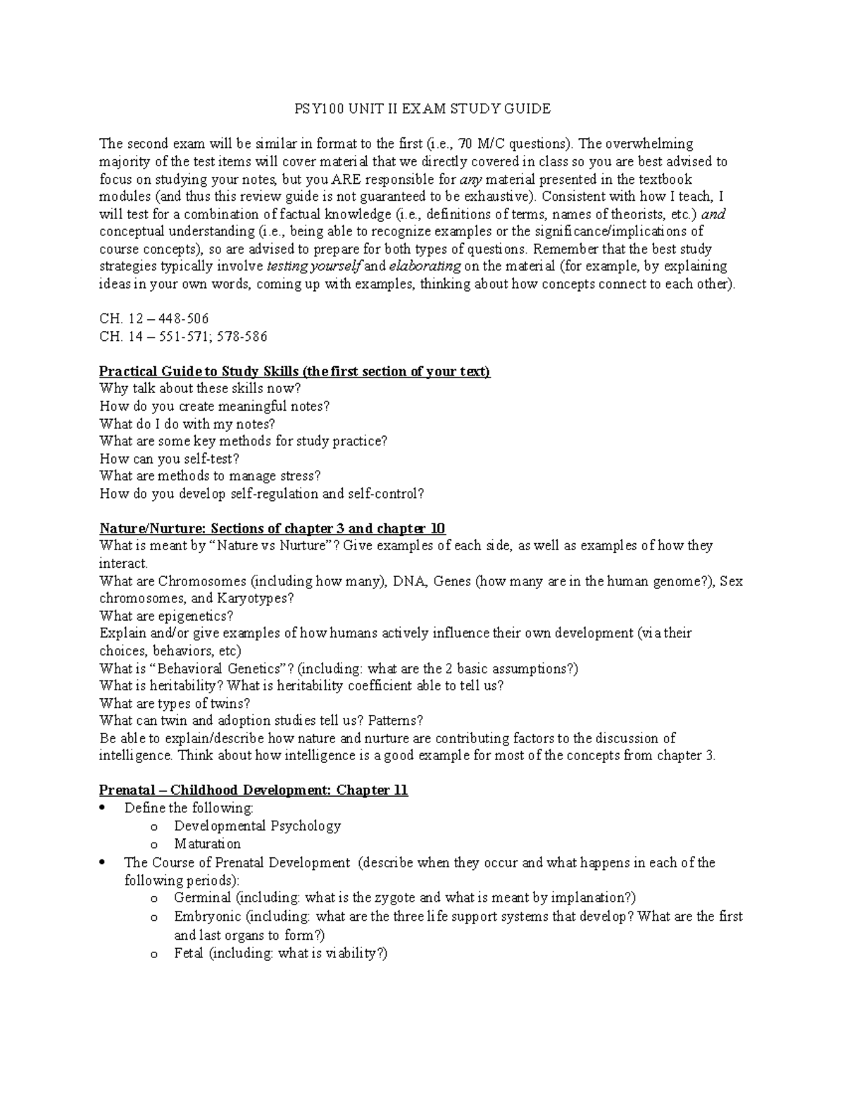 PSY100 UNIT II Exam Study Guide - Key Concepts & Study Tips - Studocu