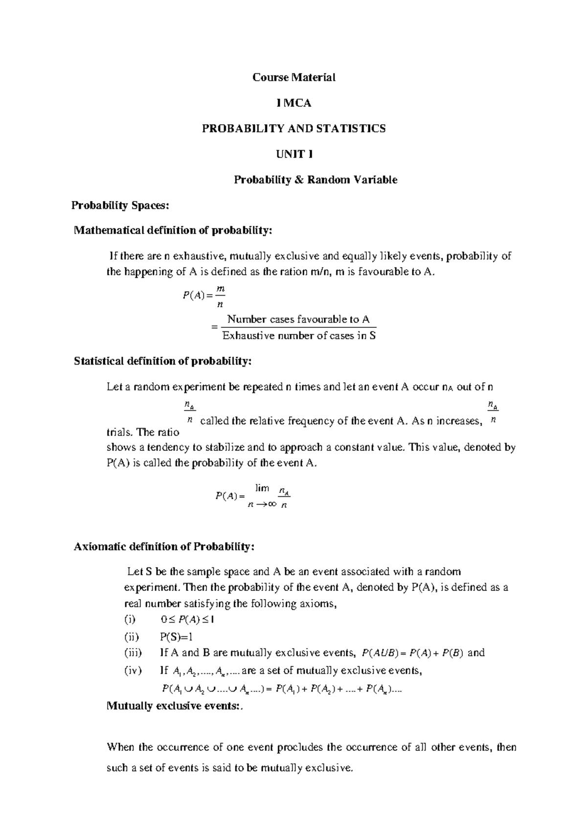 Course material - I MCA - Course Material I MCA PROBABILITY AND STATISTICS UNIT I Probability ...