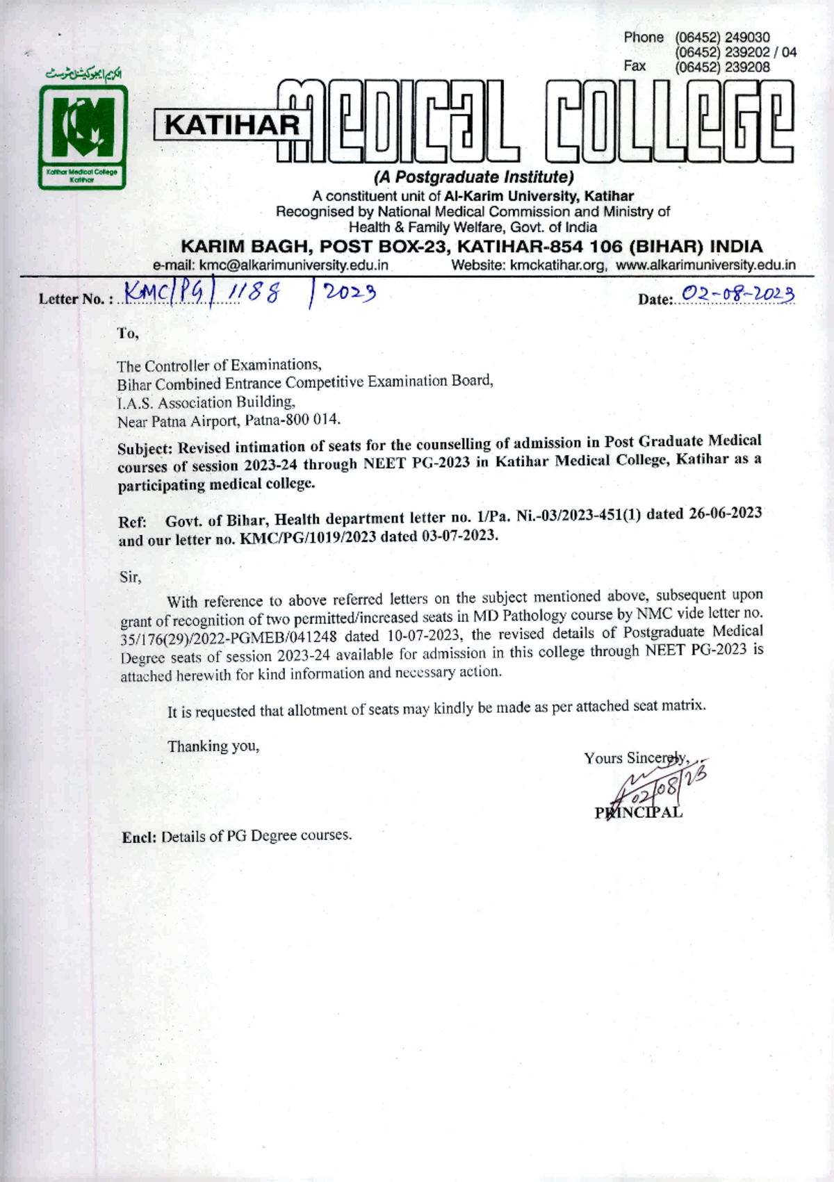 Revised PG Medical Seat Matrix 2023 - Katihar Medical College - Studocu