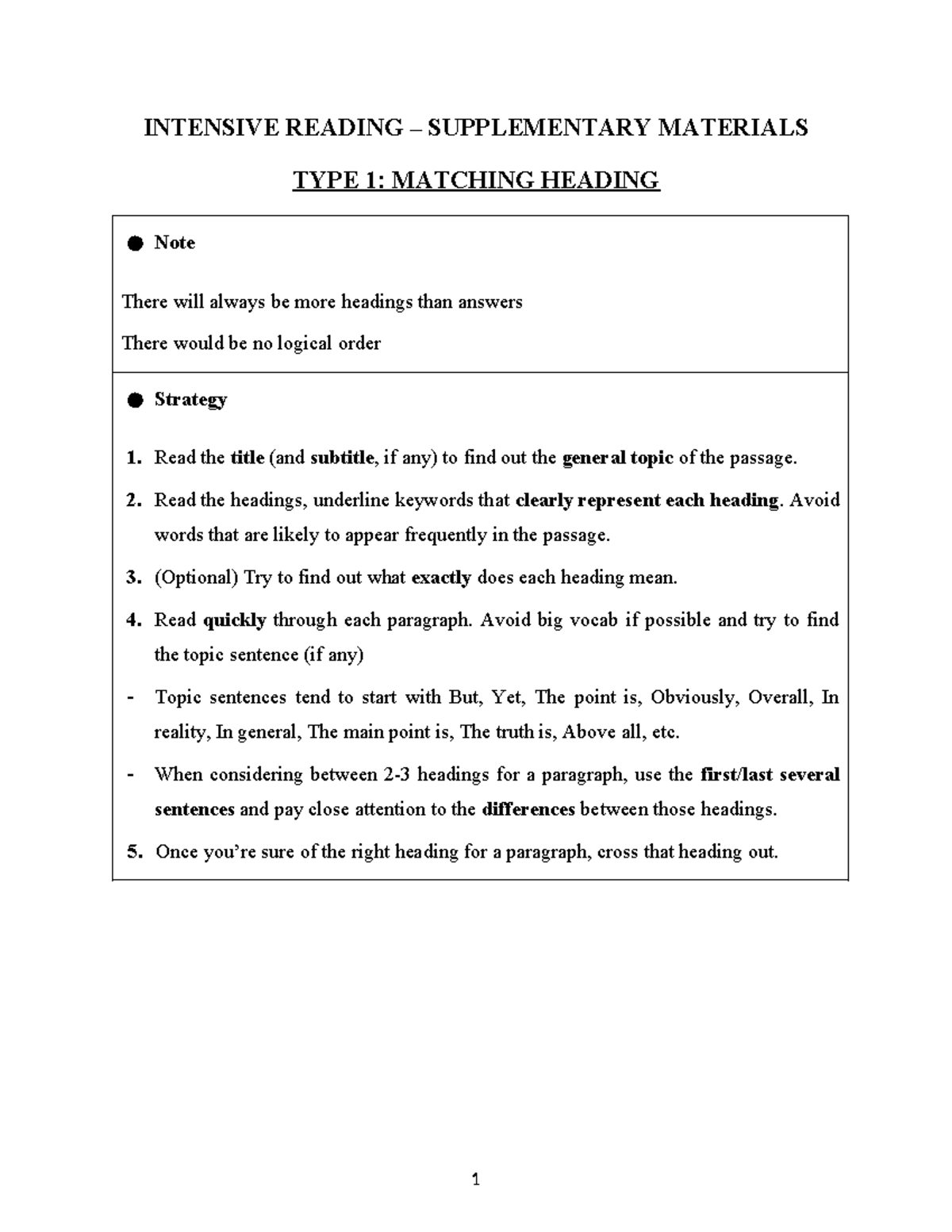 Lesson 1 - Matching Heading - INTENSIVE READING – SUPPLEMENTARY ...