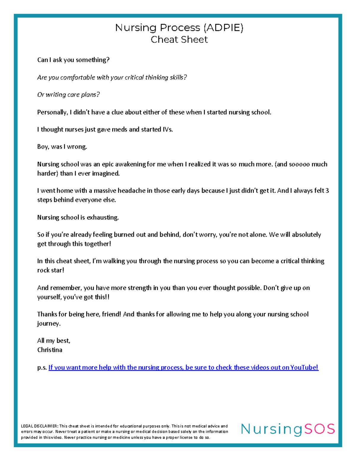 Nursing Process ADPIE Cheat Sheet by Nursing SOS - Summarized - Nursing ...