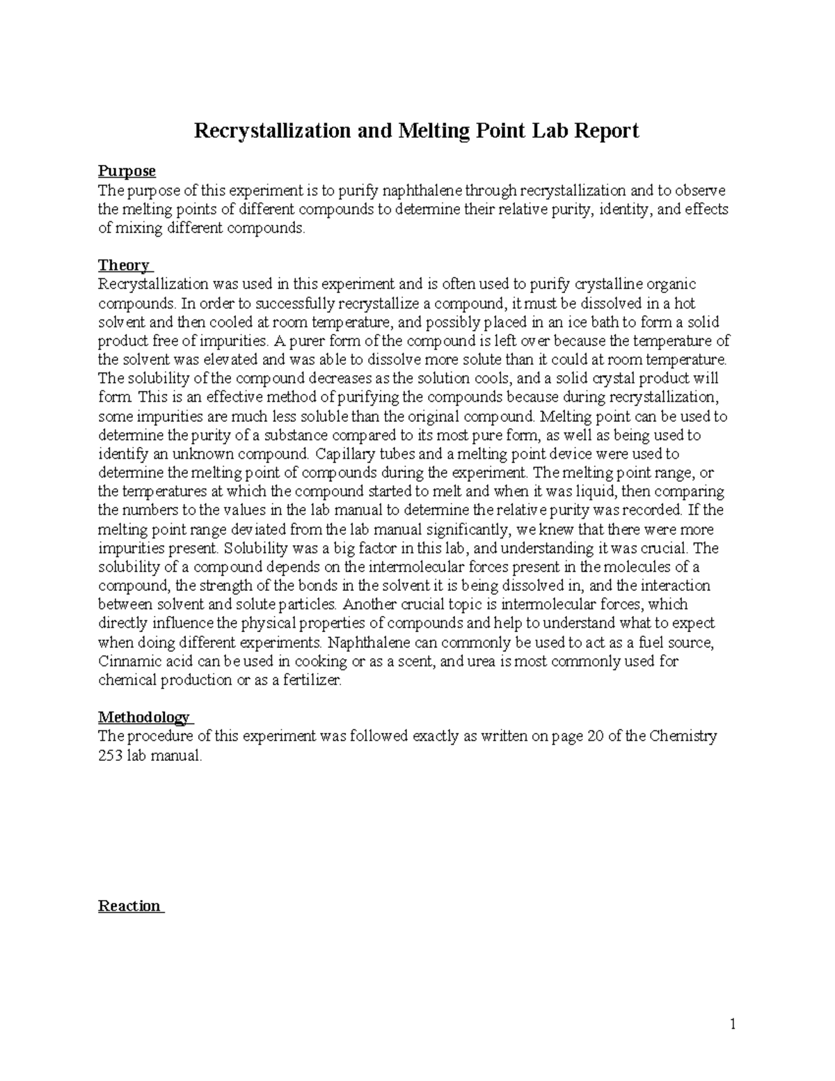 Chemistry 253: Recrystallization & Melting Point Lab Report - Studocu