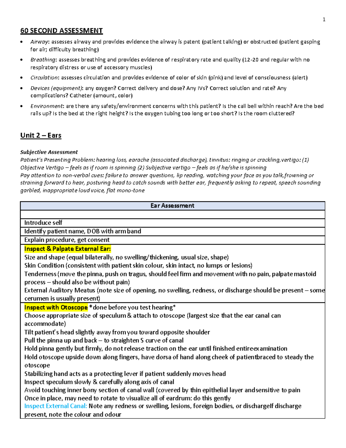 OSCE Prep Notes for N203 - Comprehensive Patient Assessment Techniques ...