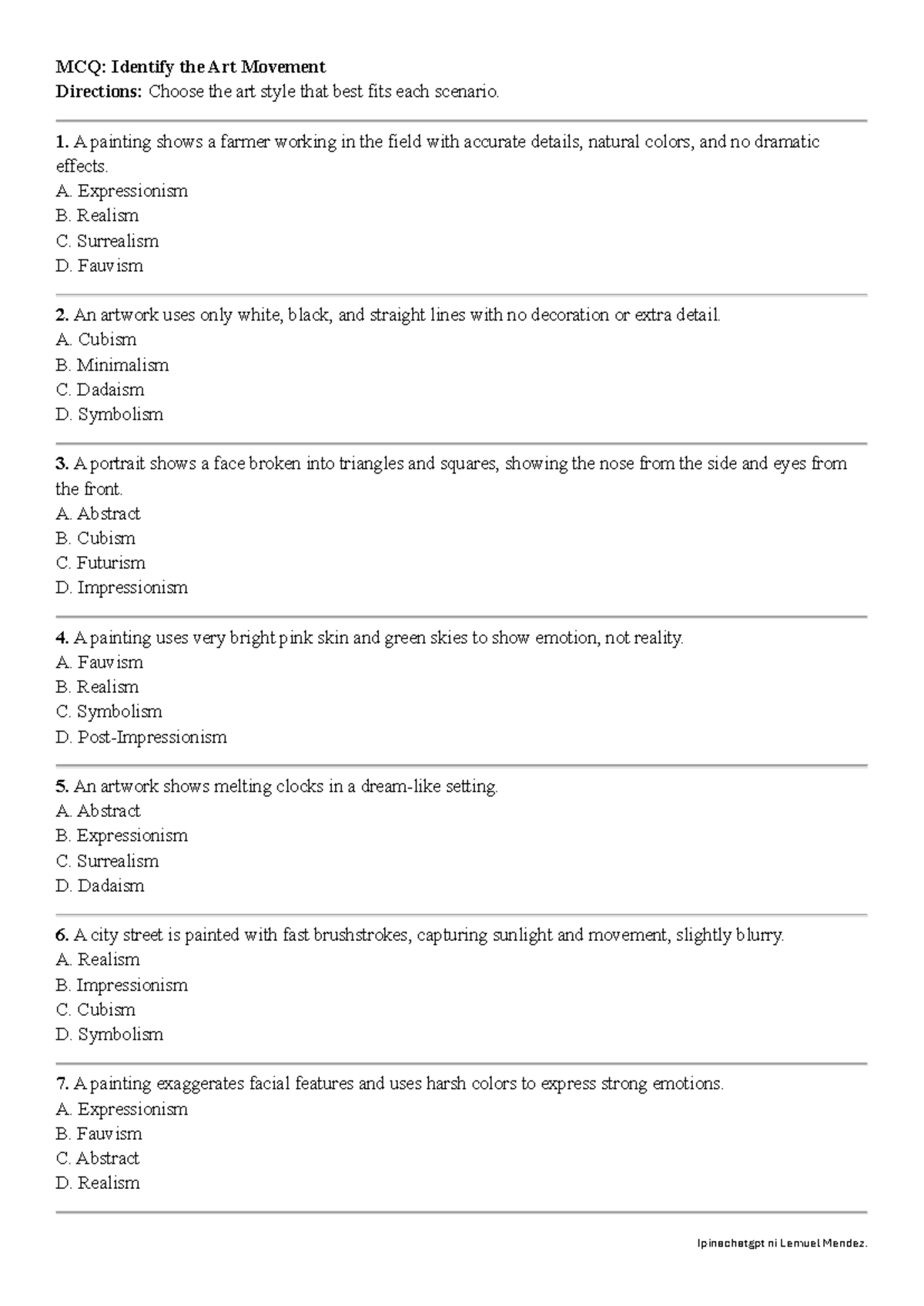 Art Appreciation Reviewer (No History of Art) - MCQ & Quiz Guide - Studocu