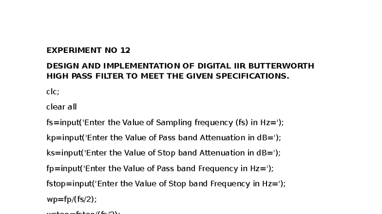 EXP12 - Design & Implementation of Digital IIR Butterworth Filter - Studocu