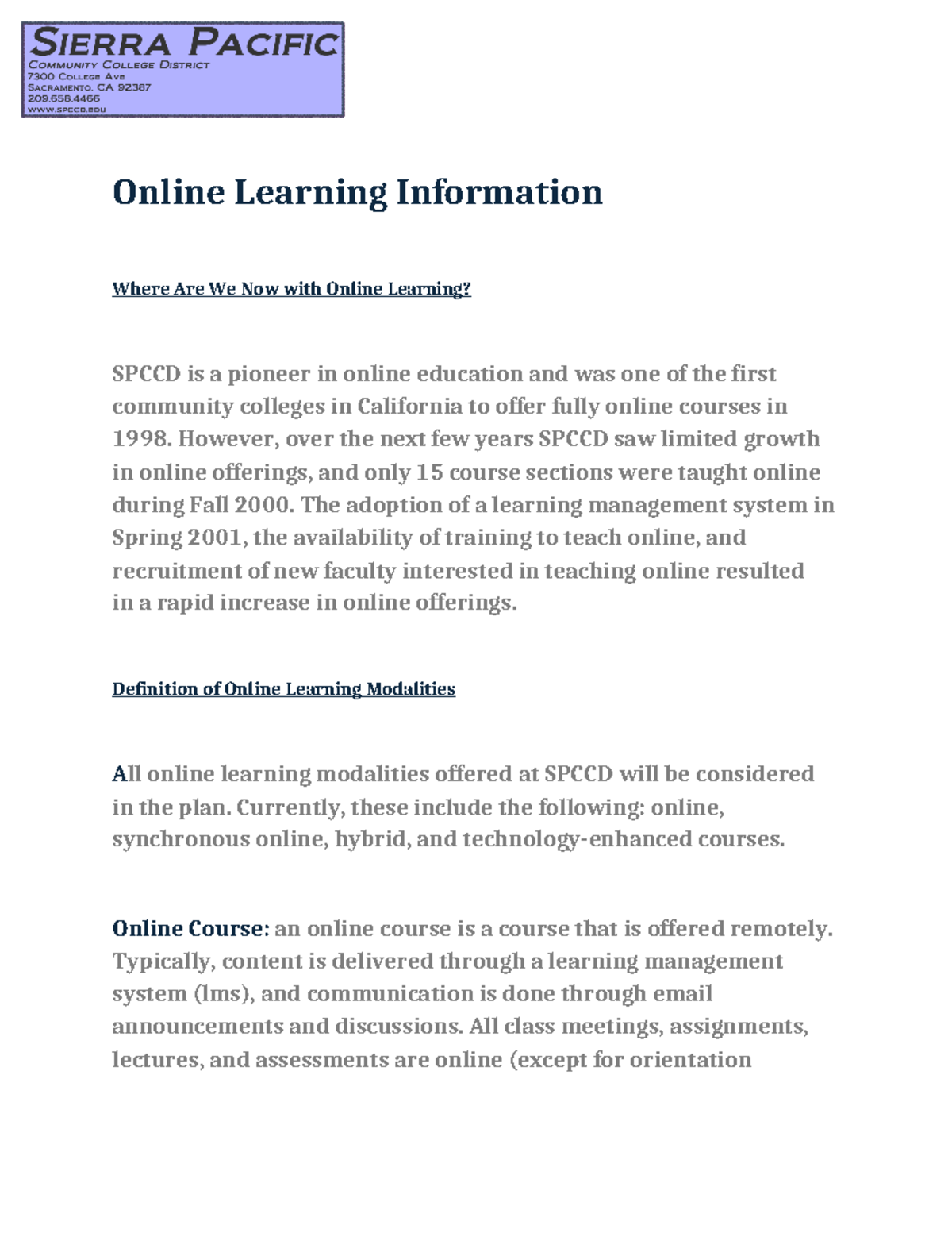 SPCCD Online Learning Overview: Current Status & Modalities - Studocu