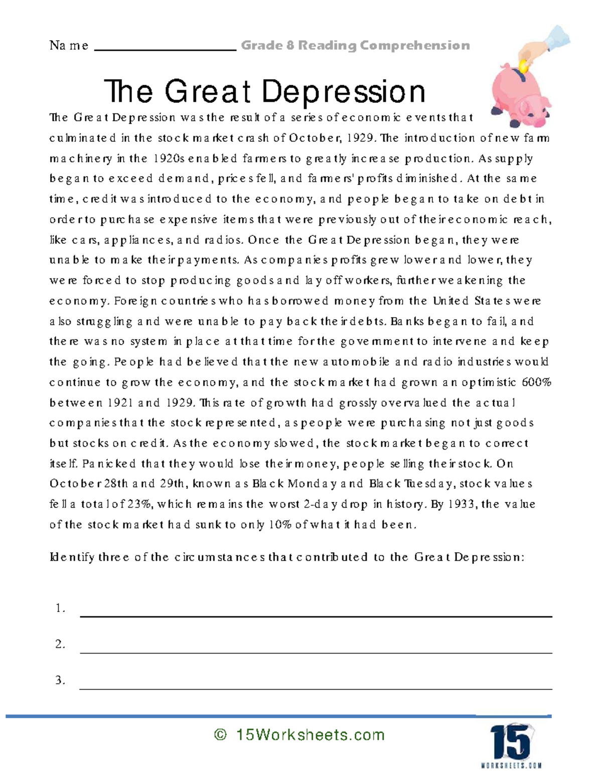13-717 - Grade 8 Reading Comprehension: The Great Depression - Studocu