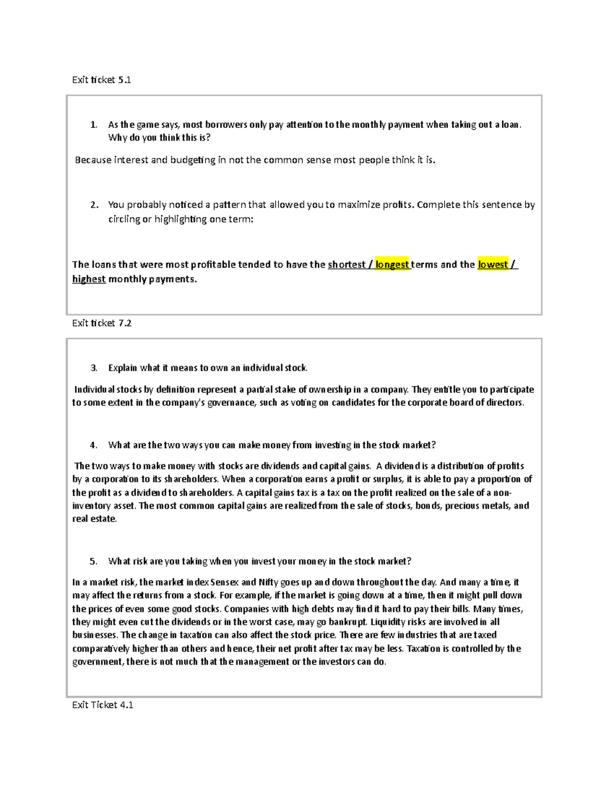 FINC 101: Finance Exit Tickets Summary and Reflections - Studocu