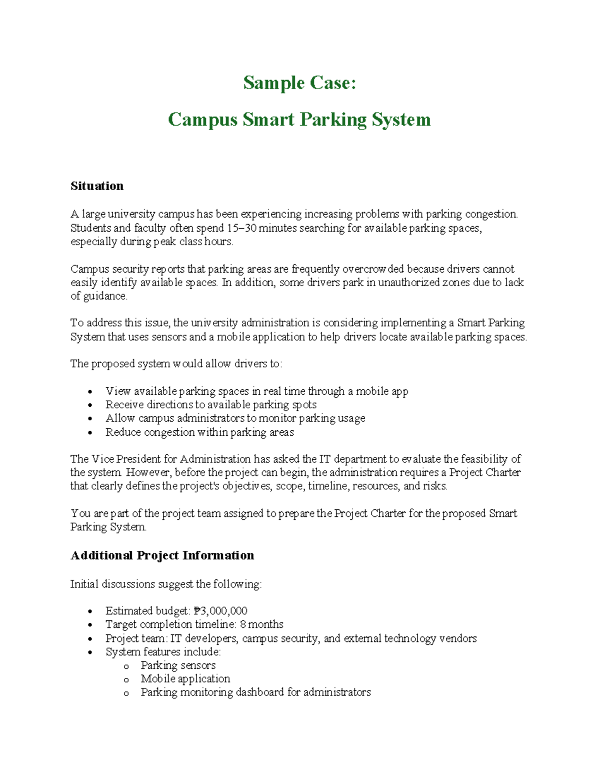 Project Charter: Smart Parking System Implementation (CS101) - Studocu