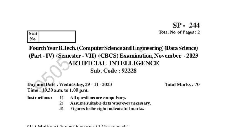 SP 244 Nov 2023 - AI Exam Question Paper (B.Tech CSE) - Studocu