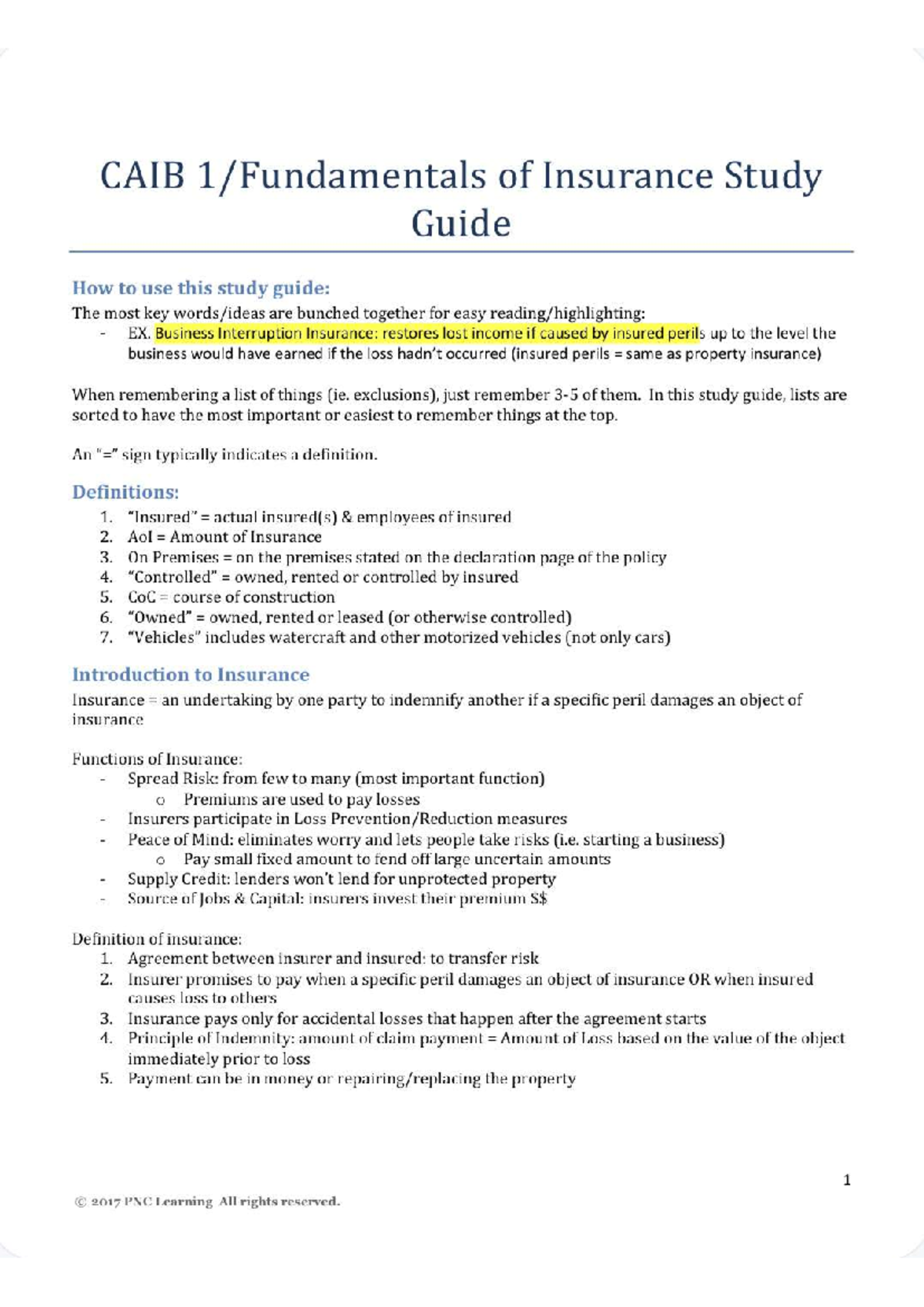 CAIB 1 Fundamentals of Insurance Study Guide for Level 1 Students - Studocu