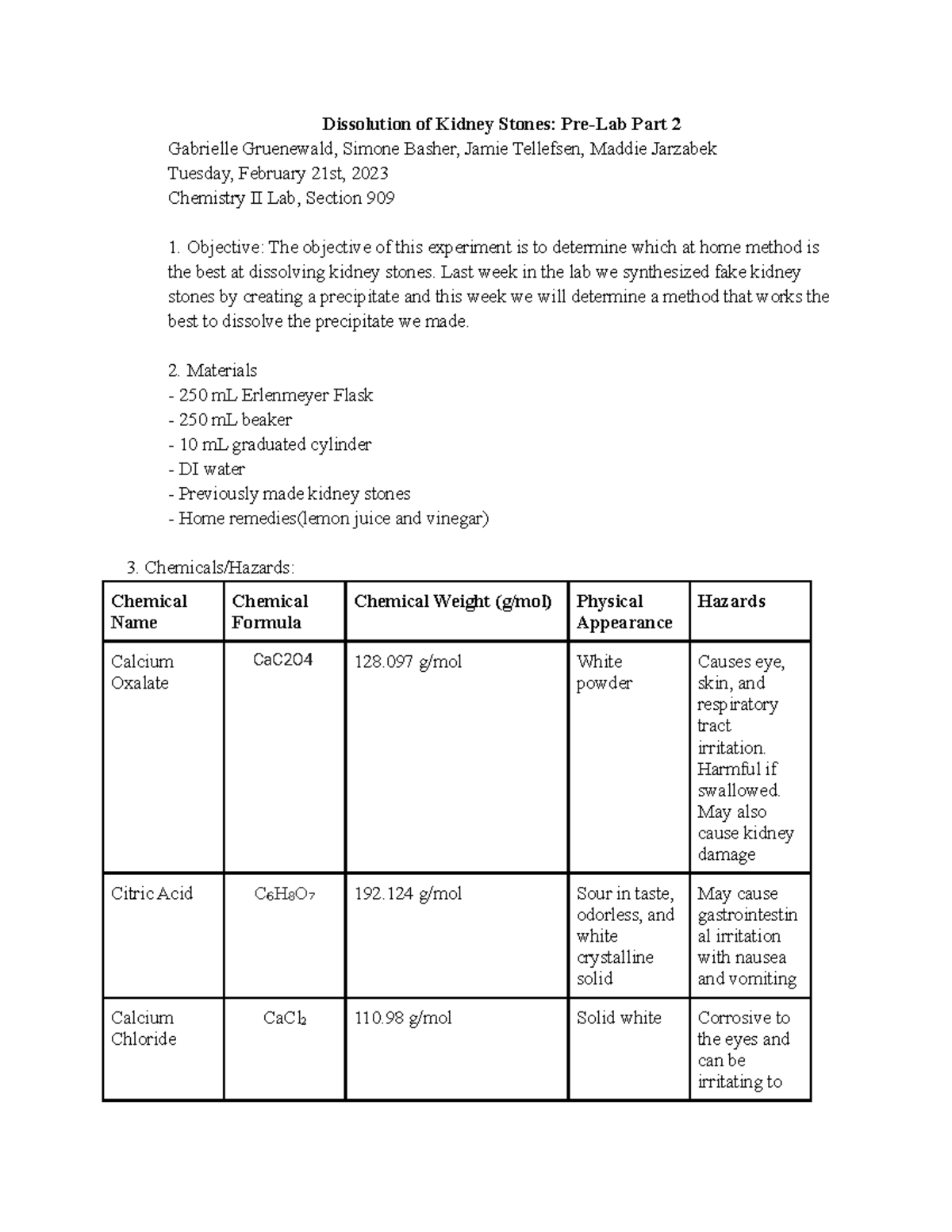 Module 2 Part 2 pre lab - Dissolution of Kidney Stones: Pre-Lab Part 2 ...